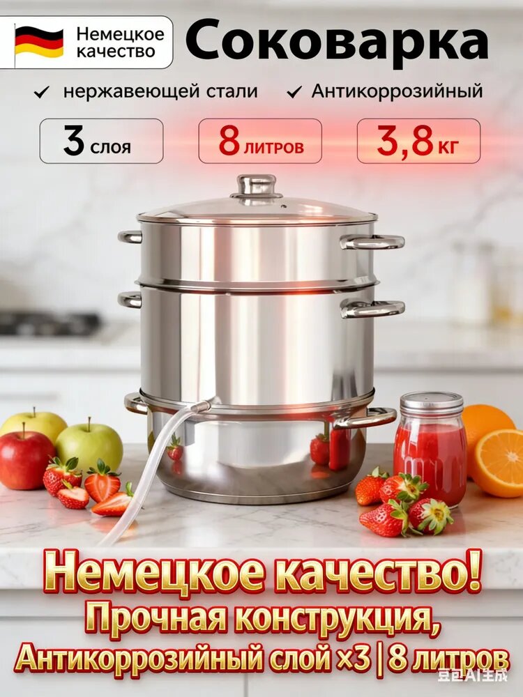 Соковарка, Нержавеющая сталь, 3 яруса, 8 л