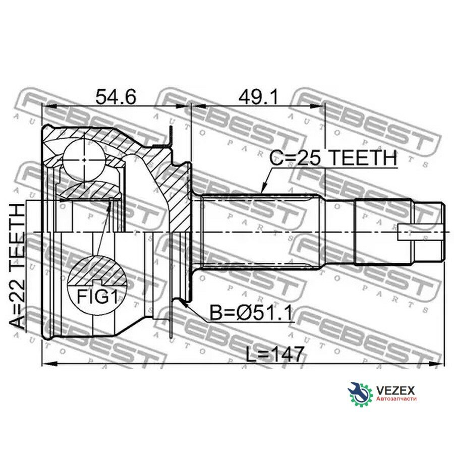 FEBEST 1010-CBT ШРУС наружный 22X50X25 CHEVROLET COBALT 2013- 1010-CBT