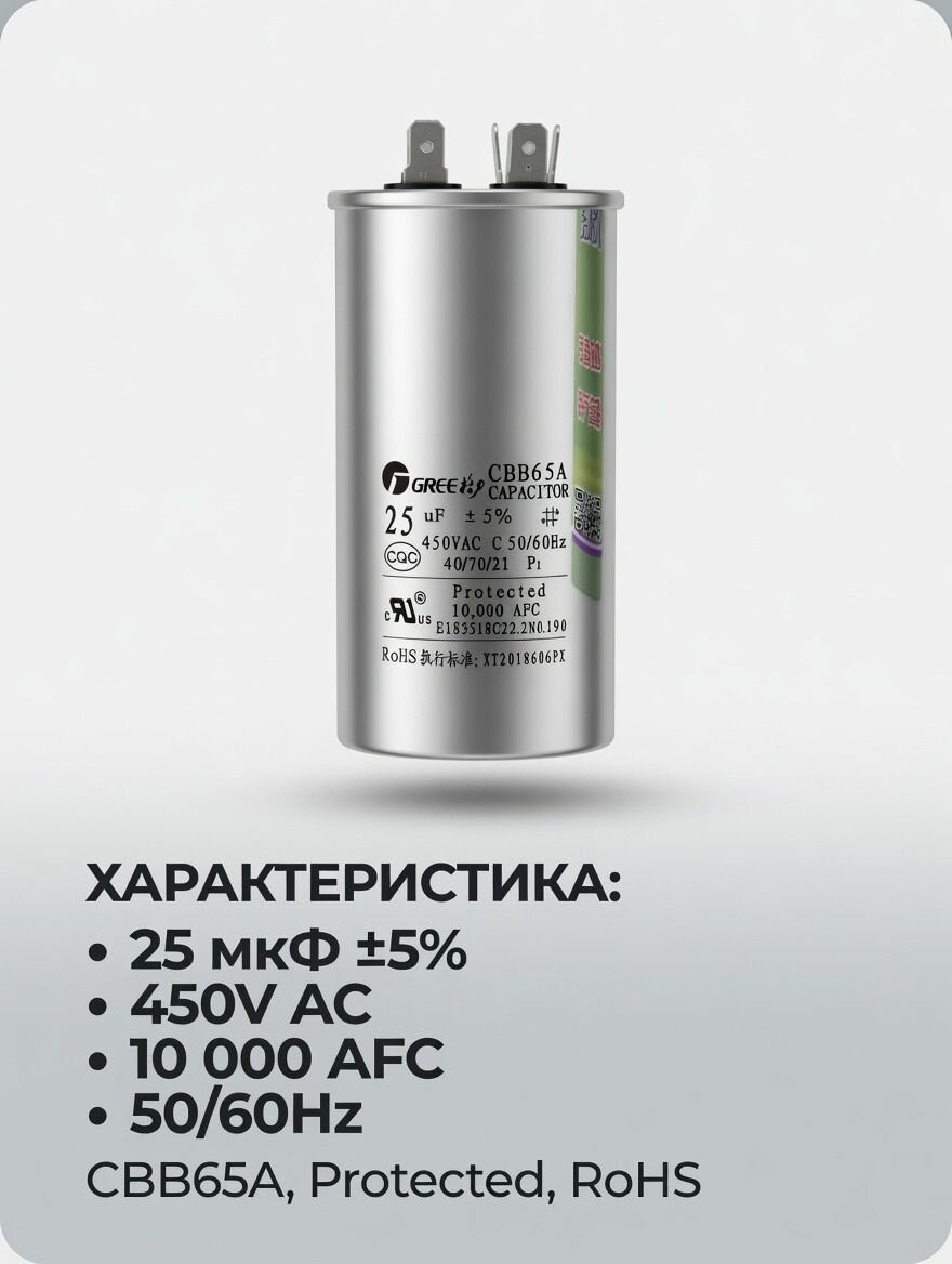 Пусковой конденсатор CBB65A 25мкф 450В GREE (110X57мм)(металиллический)