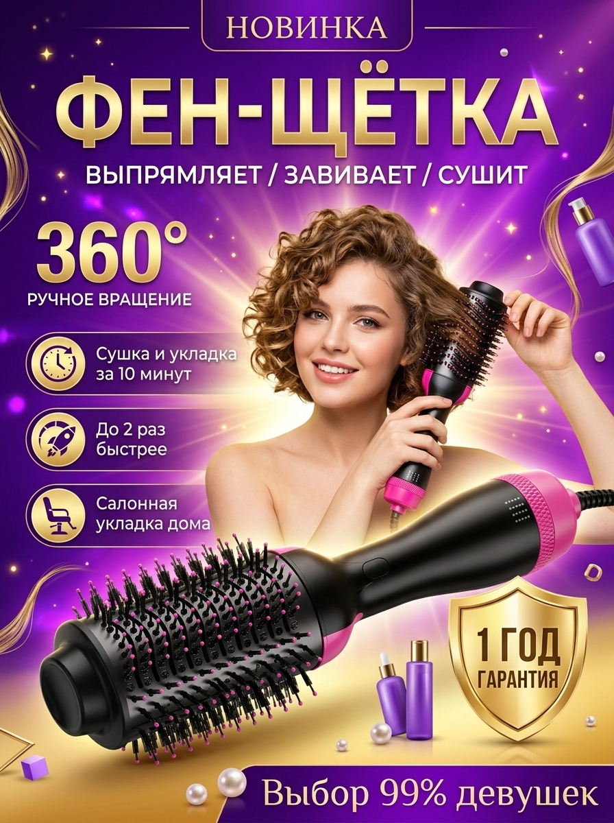 Фен-щетка для волос / Расческа с ионизацией One Step Фен-щётка (расчёска-фен) для волос Hair Dryer 3 в 1