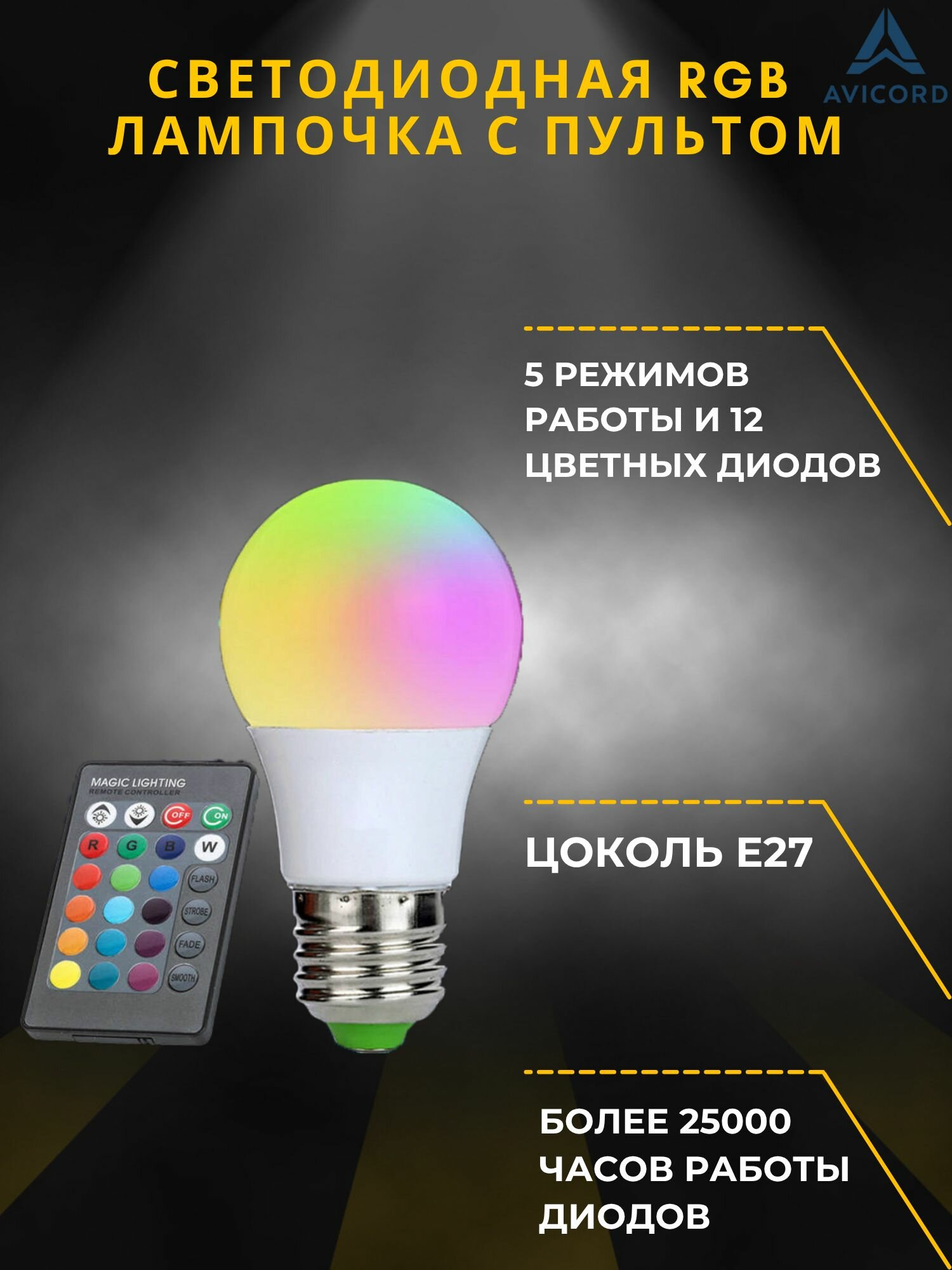 Лампочка светодиодная E27 RGB разноцветная с пультом диммируемая LTXA-50 (50mm) светодиодная лампочка диммируемая лампа E27 мультицветная лампа RGB лампа с пультом