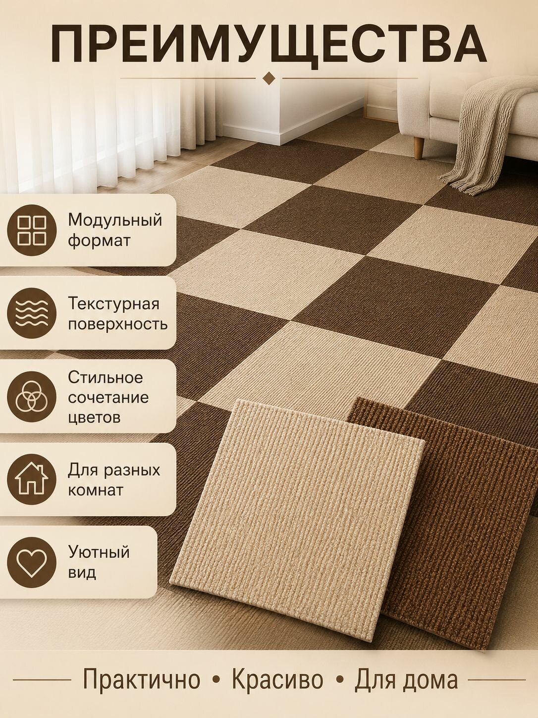 Квадратная ковровая плитка 3030 см, комплект 10 шт, коричневая, модульное покрытие для пола