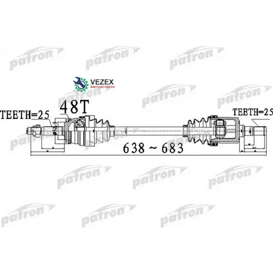 PATRON PDS0521 Полуось передний мост слева 25X638X52,5X25 ABS48T KIA RIO [TC] 06 - АКПП