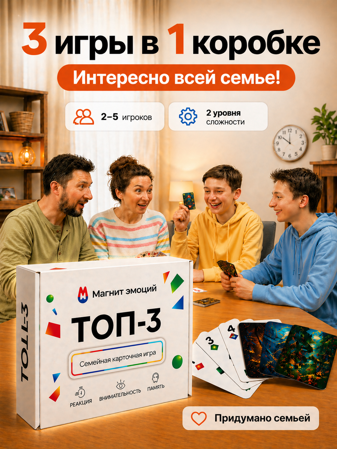 Настольная игра ТОП-3, карточная игра 3 в 1 для всей семьи, компании, двоих, в дорогу на внимательность, реакцию, память