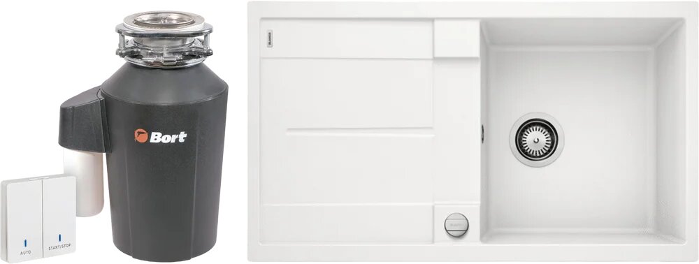 Комплект Мойка Blanco Metra 5S 513037 86x50, белая, искусственный гранит / Измельчитель Bort Alligator Green электрический, нержавеющая сталь