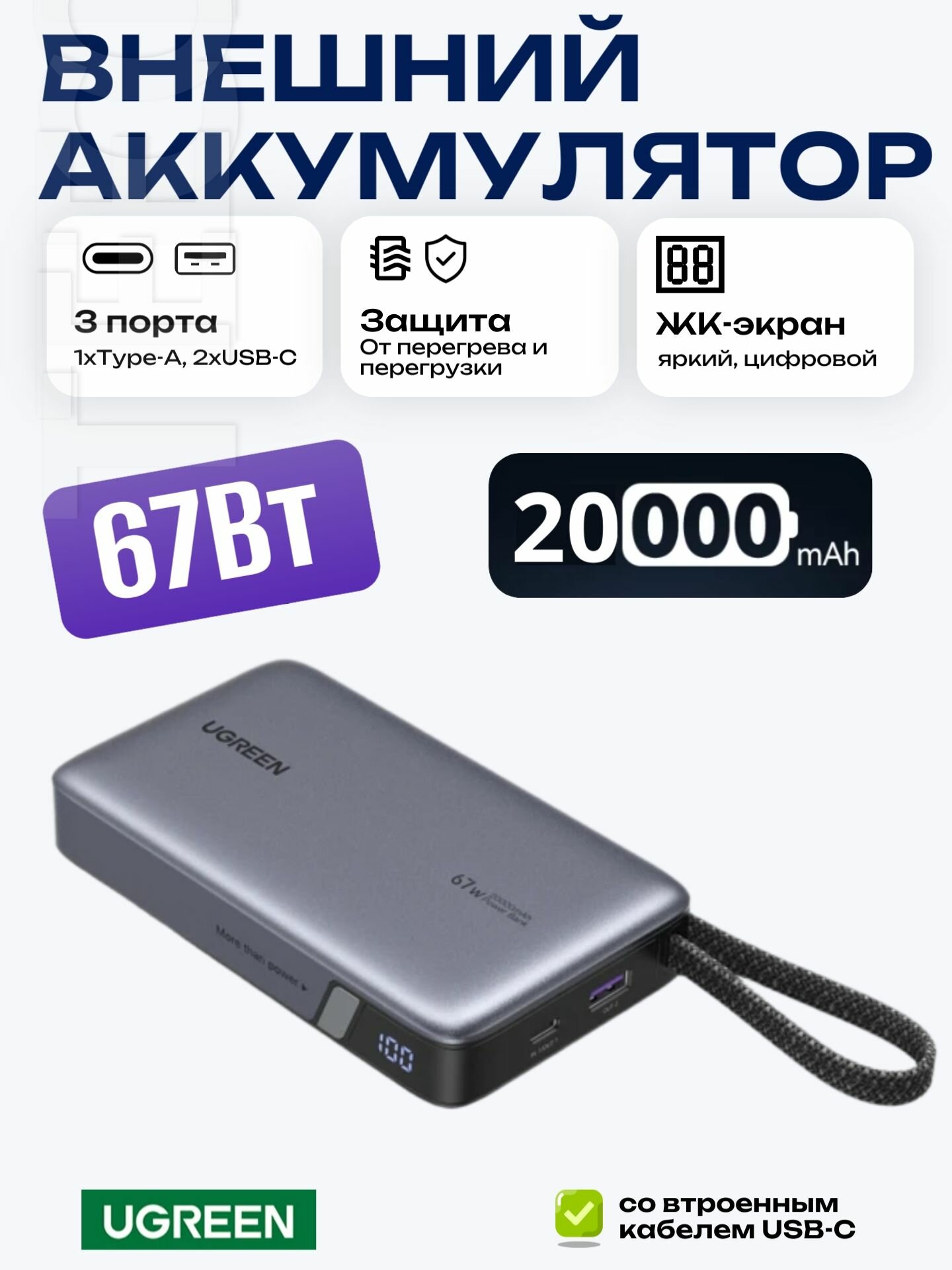 Внешний аккумулятор Ugreen PB550 (55996) 20000mAh, PD67W, 2хType-C + 1хUSB-A, встроенный Type-C кабель