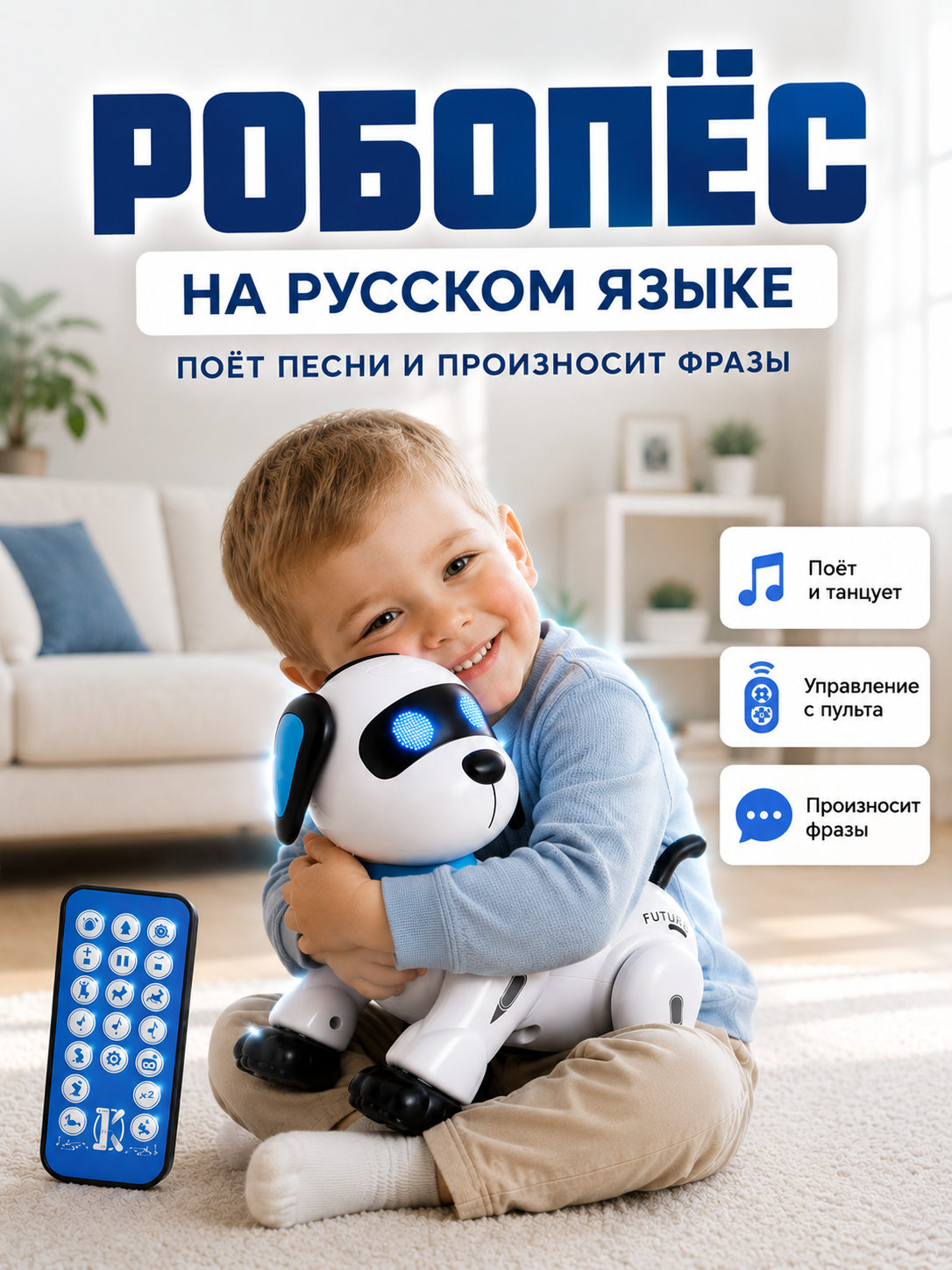 Детская интерактивная игрушка робот собака на пульте управления, световые и звуковые эффекты, реагирует на хлопок