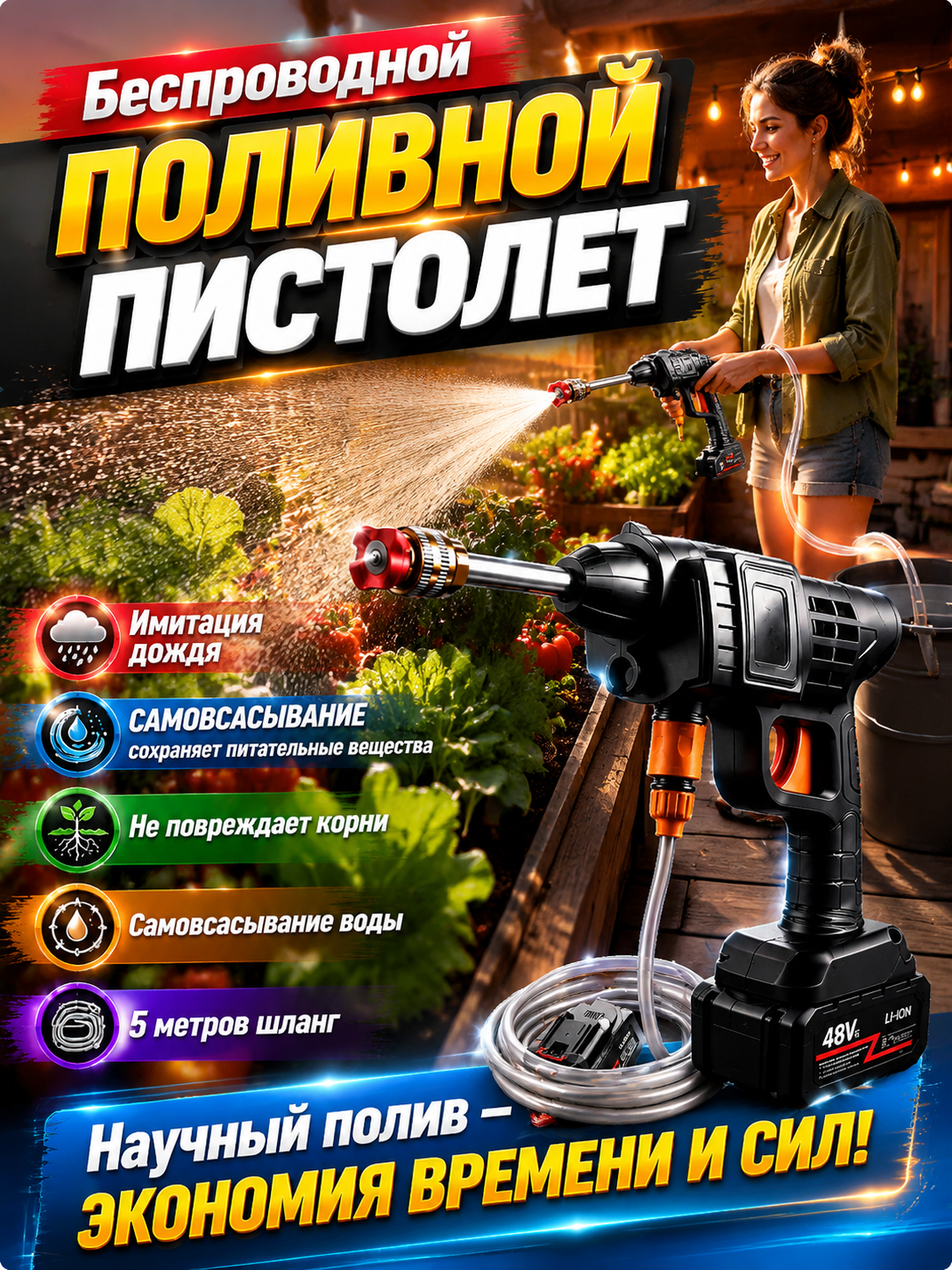 Насос аккумуляторный для полива из бочки, 48V