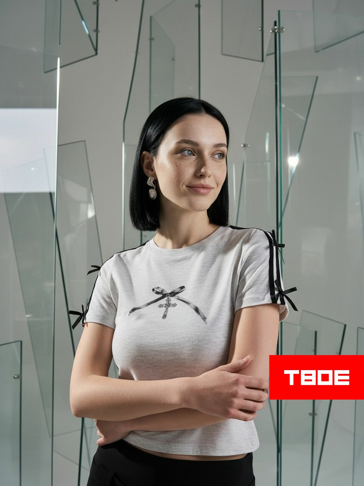 Футболка приталенная с лампасами и бантиками, цвет: белый меланж