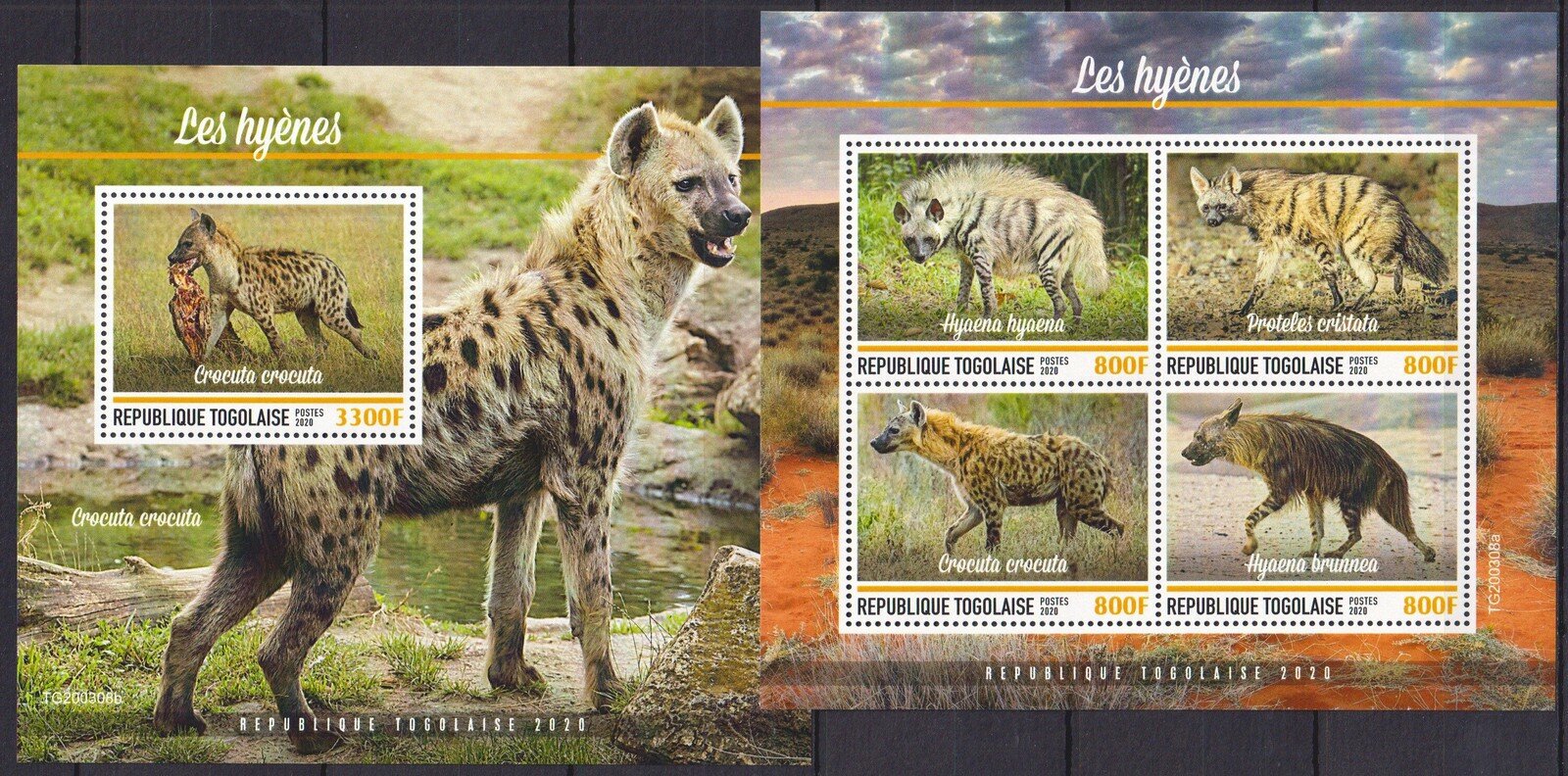 Марки 2020 год Того Гиены Дикие собаки Животные Фауна #8452-8455+Bl1964 Mnh