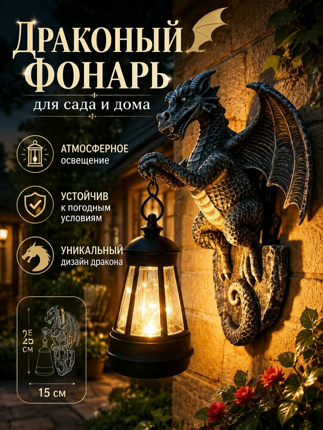 Настенный уличный светильник в виде дракона с LED подсветкой для сада и террасы