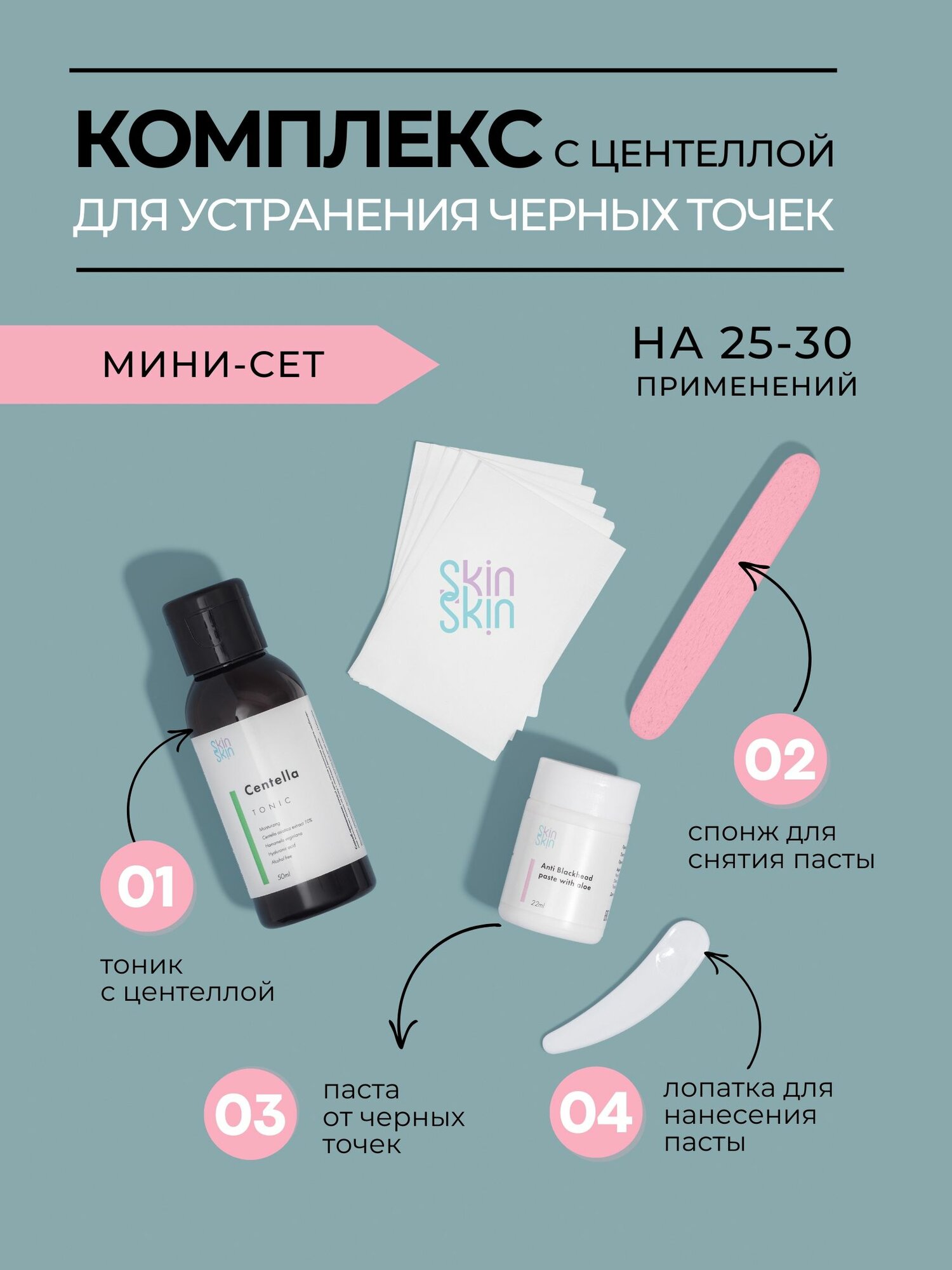 Набор косметики, уход за лицом, от черных точек SkinSkin (тоник центелла, маска от черных точек, полоски, спонж)