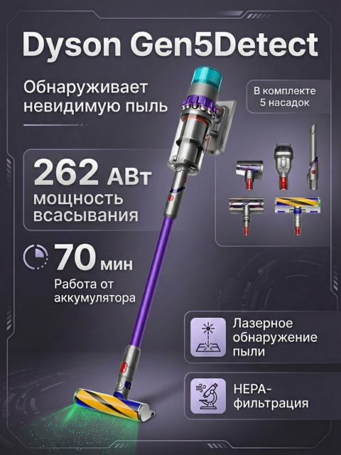 Беспроводной пылесос Dyson Gen5Detect Absolute (SV23), purple/iron/purple, фиолетовый