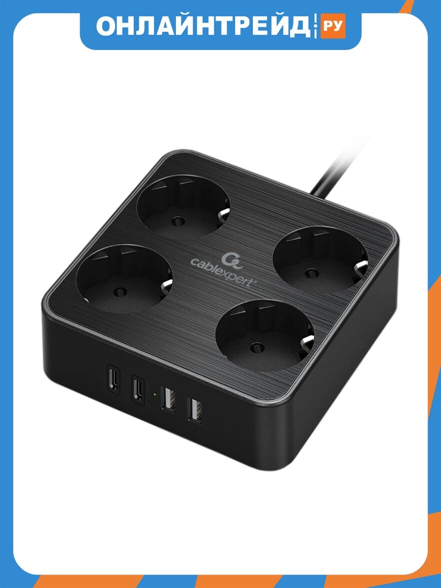 Сетевой фильтр Cablexpert Plate 4 розетки, 10А, 2xType-C PD, 20Вт, 2xUSB, 3м, черный, коробка (PLT-4-C2U2-B-3)