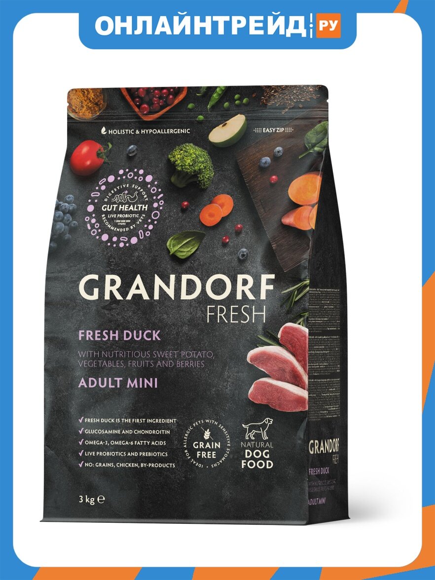 Корм сухой Grandorf Fresh , беззерновой с живыми пробиотиками, свежее мясо утки с бататом для собак мелких пород, 3 кг