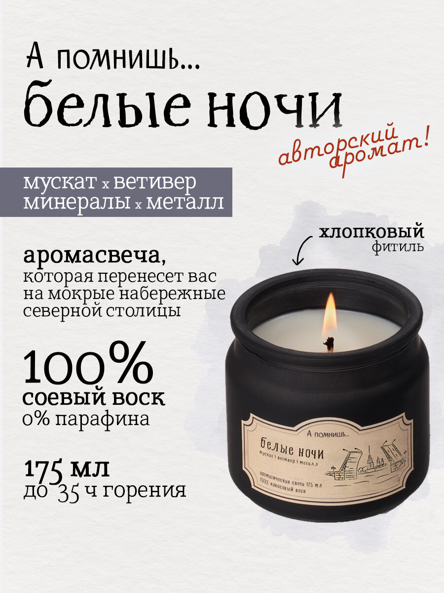 Ароматическая свеча "А помнишь." Белые ночи 175 мл с хлопковым фитилем