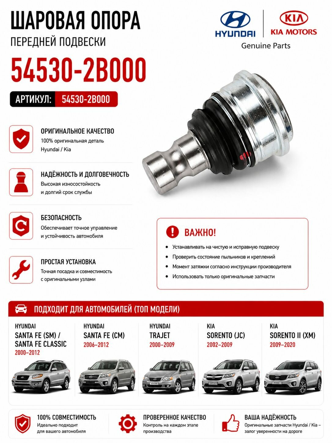 Опора шаровая Hyundai Santa Fe II / Kia Sorento II арт. 545302B000 / Хендай Санта Фе 2006-2012, Киа Соренто 2002-2020