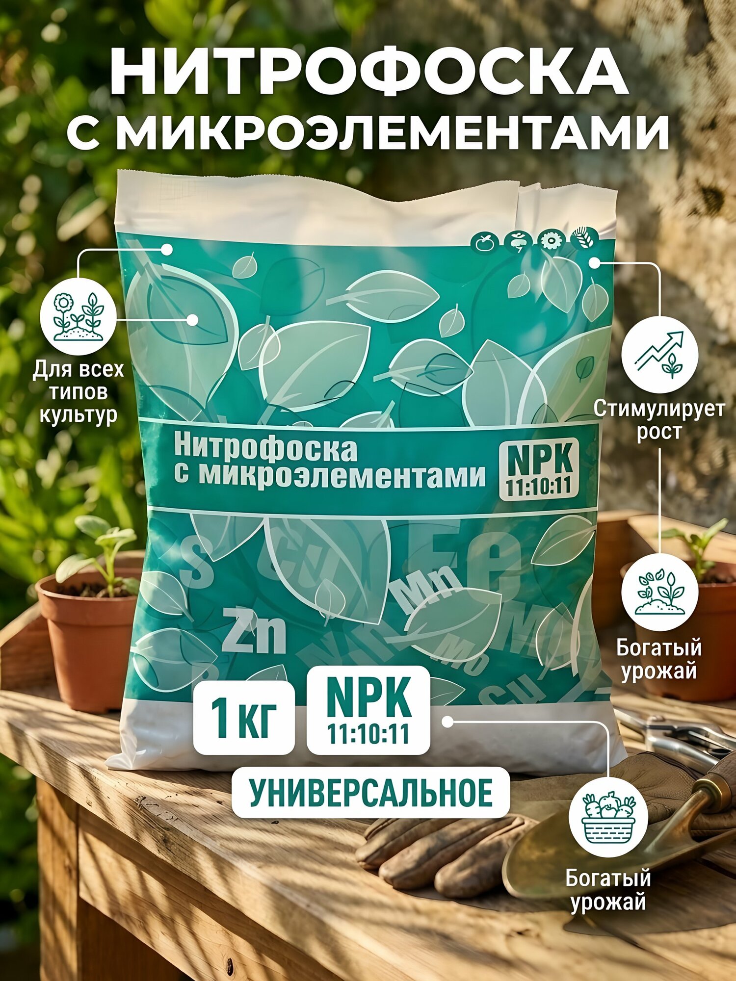 Удобрение Нитрофоска с микроэлементами Factorial, универсальное минеральное средство для роста растений, гранулы 1 кг