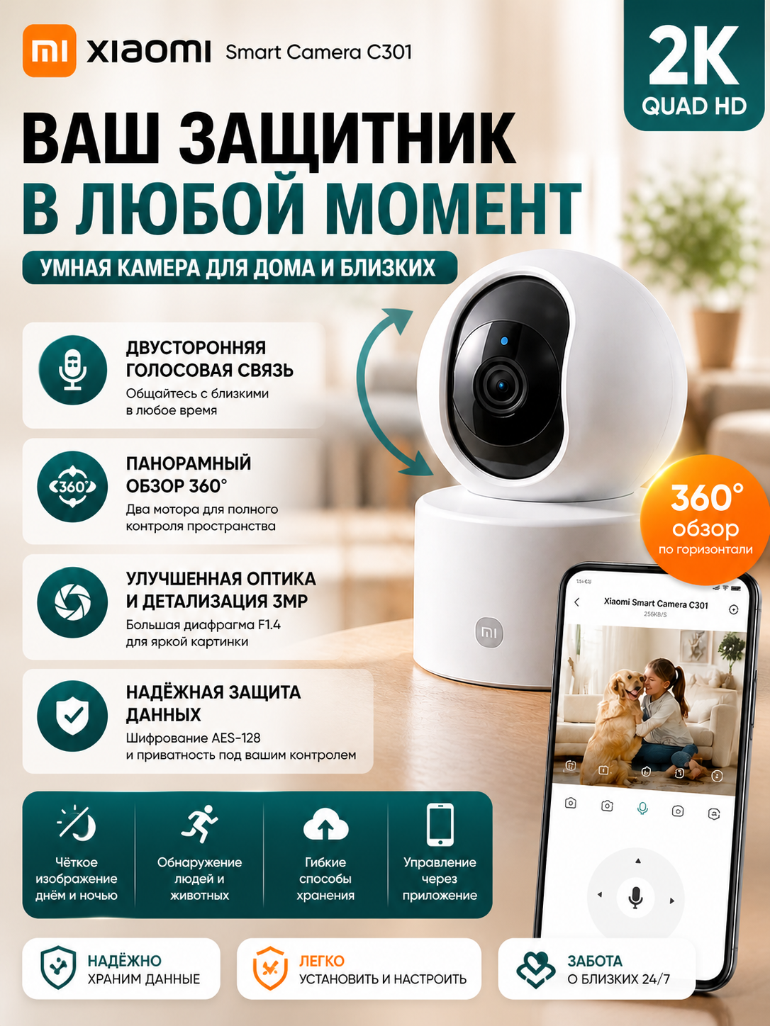 Камера наблюдения wifi Xiaomi Smart Camera C301 видеоняня, умный дом, IP камера