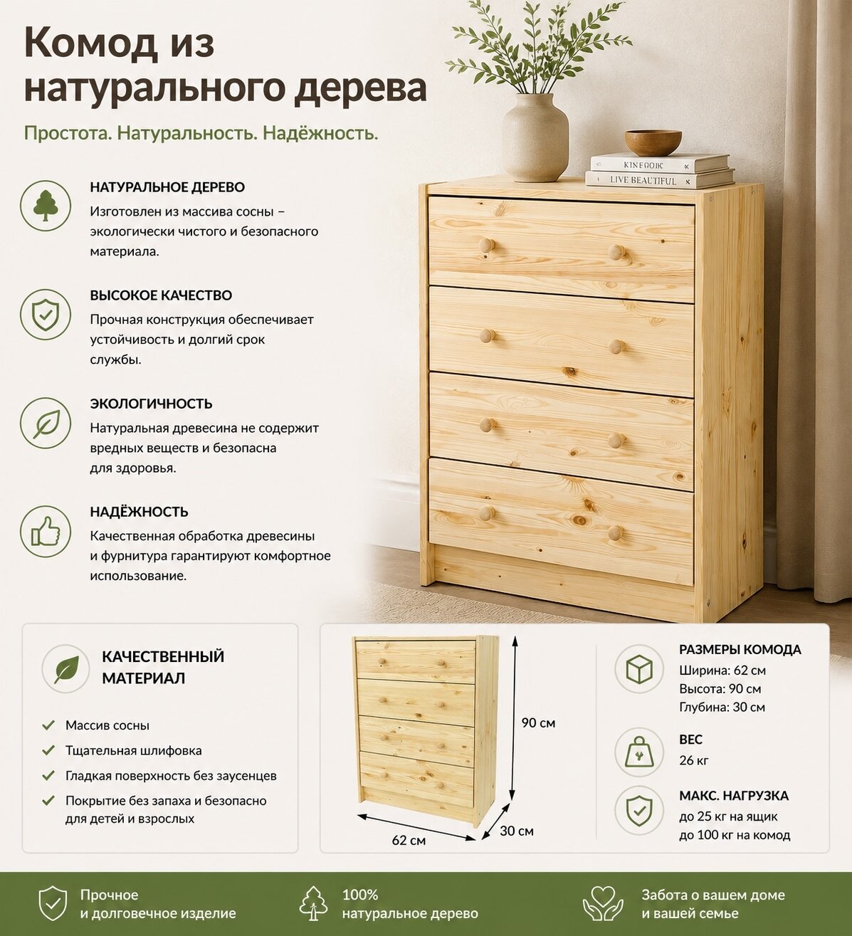 Комод Р-4 c ящиками, 62х30х90, сосна, без покрытия, Икеа аналог