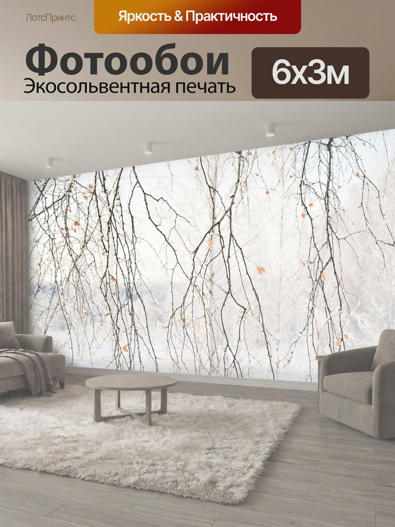 Фотообои "Березовые ветки Березовые ветки в тумане березы лес туман ветки зима холод мороз фон размытый фон нервы" 600x300 см. экосольвентная печать