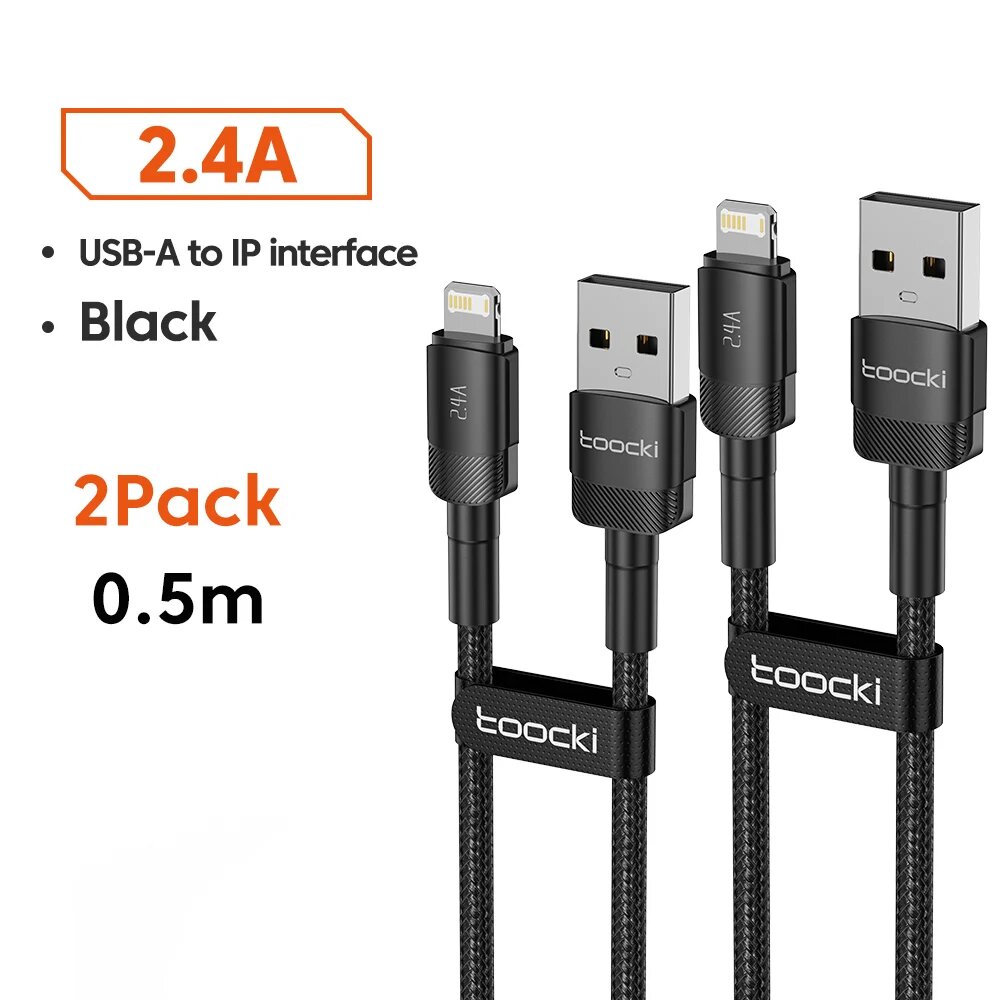 Toocki USB-кабель для iPhone 14 13 12 Pro Max X XS XR 8 7 Plus iPad, Черный, A-L Black 0.5m 2Pcs