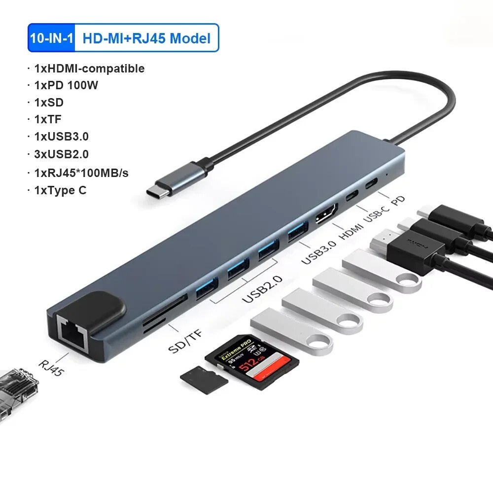 KEBIDUMEI Док-станция USB C 10-в-1 4K HDMI 100Вт 4 USB