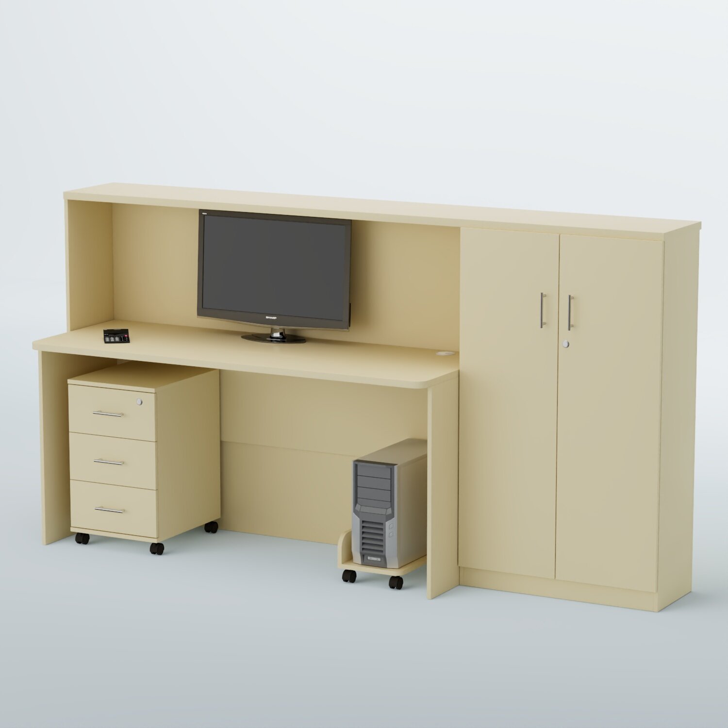 Ресепшн с тумбами и фасадными планками вега №6Д, Крем Вайс. Производство товара - компания ТОБ.