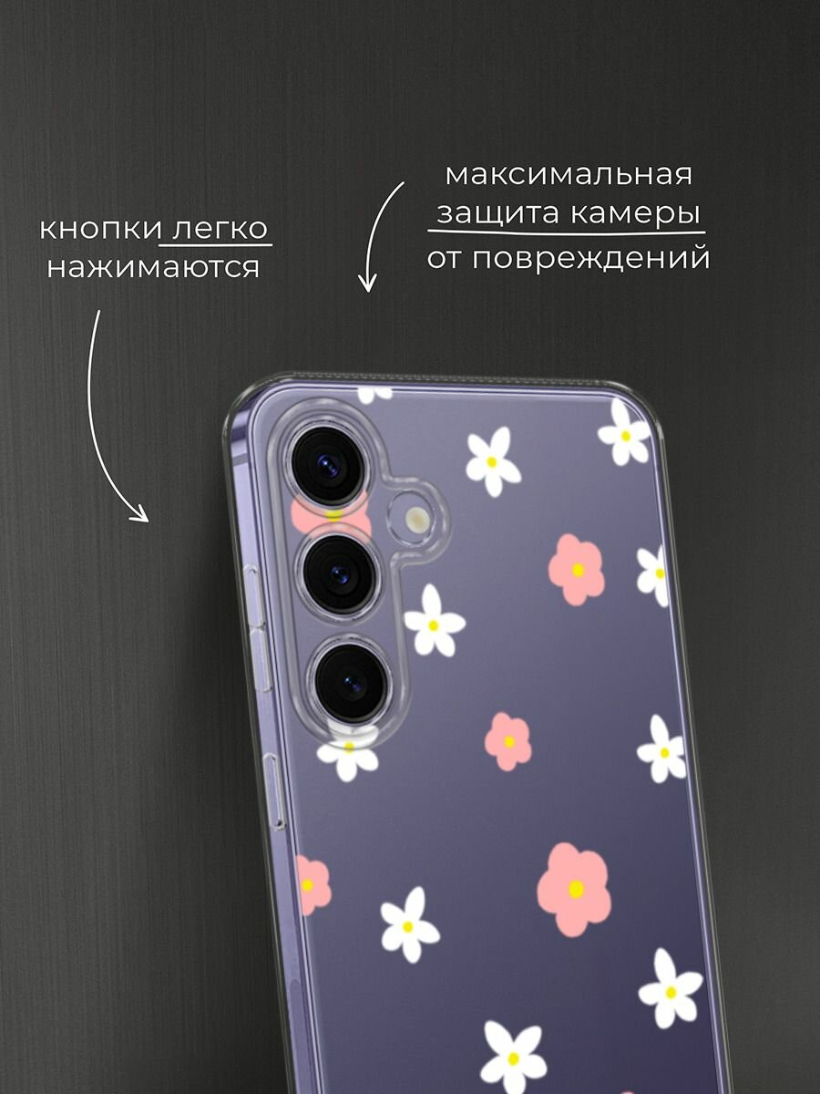 Чехол на Samsung Galaxy S24 Plus / Самсунг S24 Plus с принтом "Розовые и белые цветы", прозрачный — фото 1