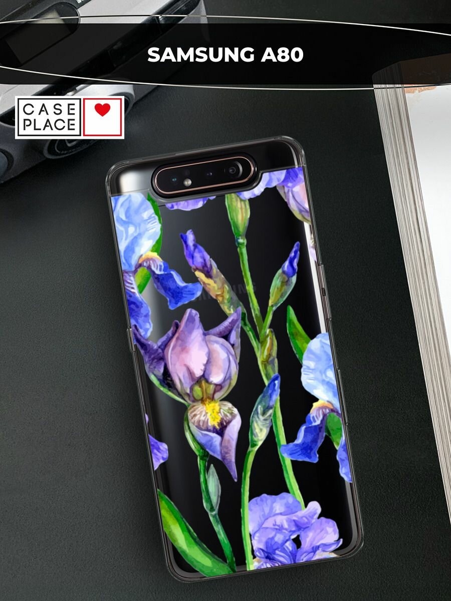 Чехол на Samsung Galaxy A80 / Самсунг Гэлакси A80 с принтом "Синие ирисы", прозрачный