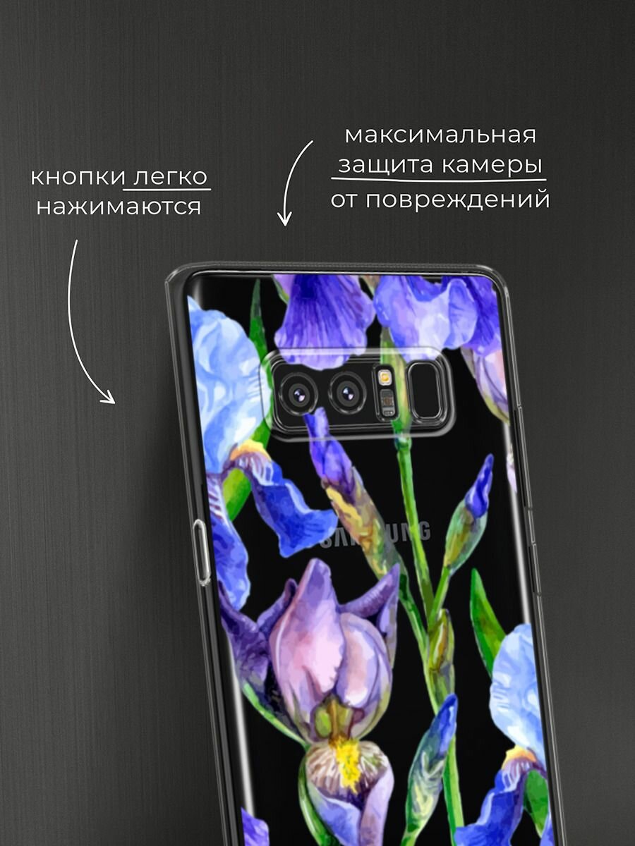 Чехол на Samsung Galaxy Note 8 / Самсунг Галакси Нот 8 с принтом "Синие ирисы", прозрачный — фото 1