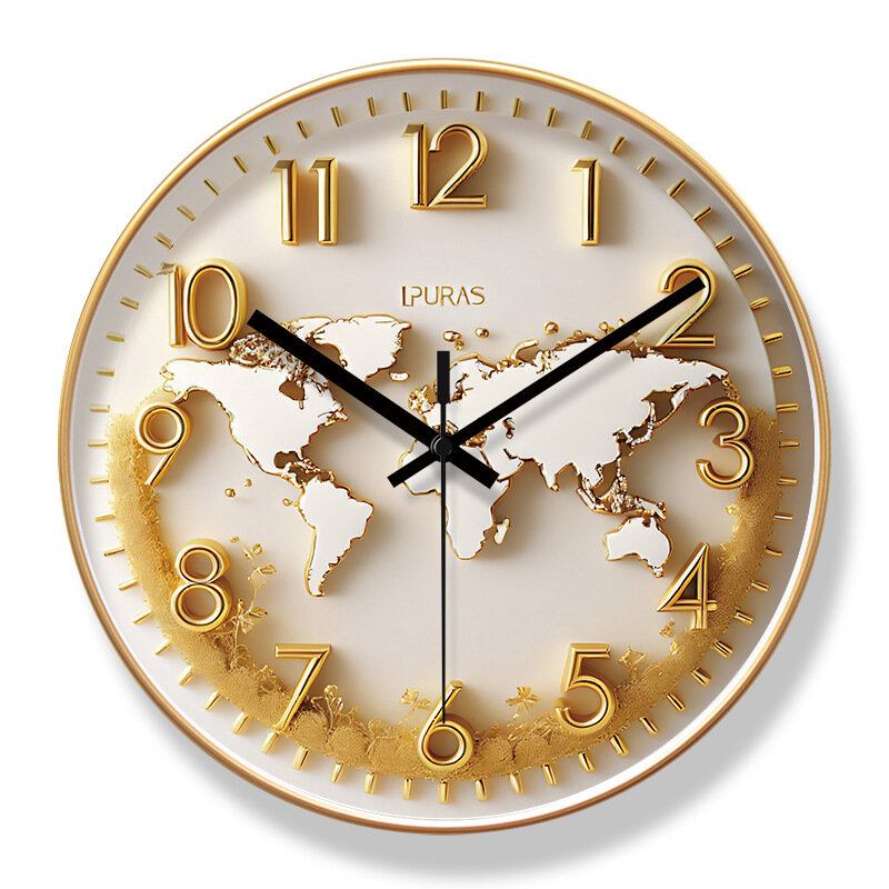 Современные настенные часы с картой мира | Бесшумные кварцевые часы без тиканья | Элегантный дизайн: белый и золотой | Циферблат из ПВХ 30 см, пластиковая рамка | Стильный декор для дома и офиса | Работают от батареек