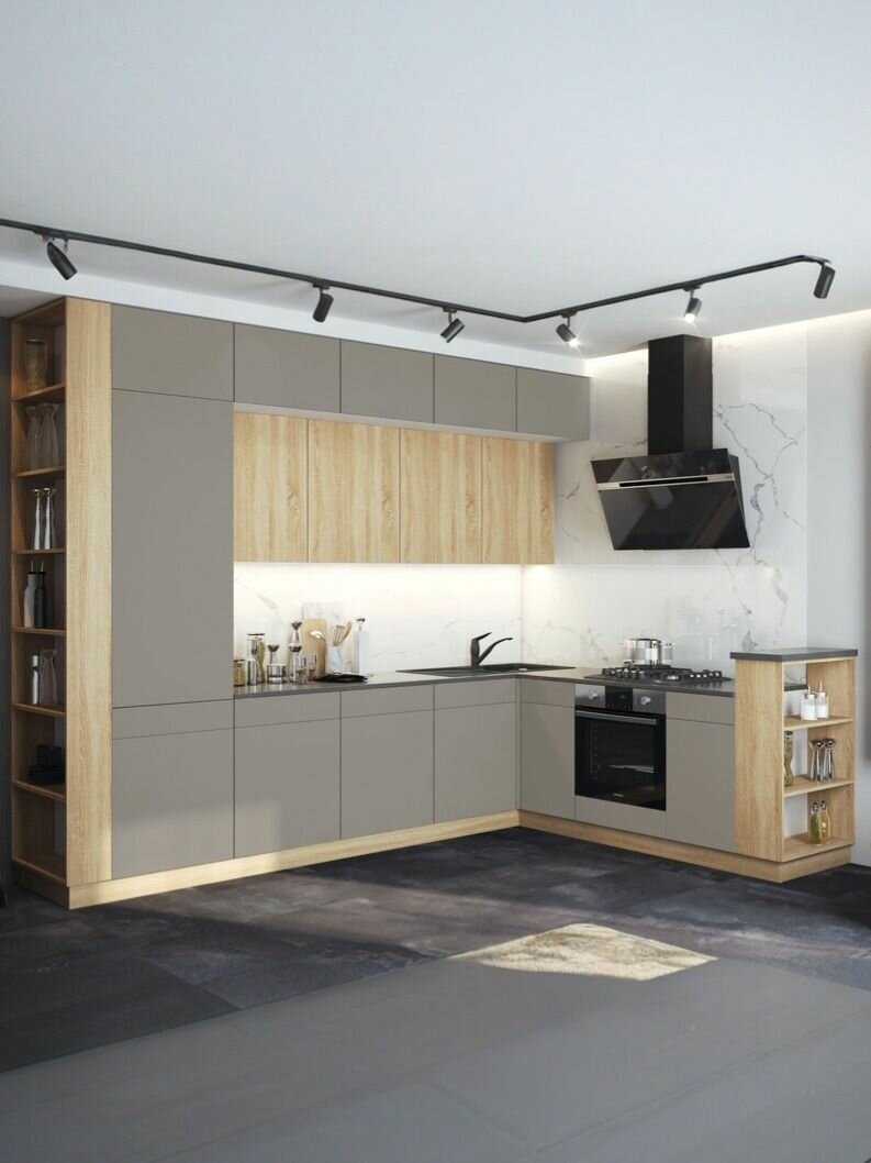 Кухонный гарнитур угловой Техно-5 3,2х2,4м браш текстура грей/дуб сонома/корпус белый со столешницей миф