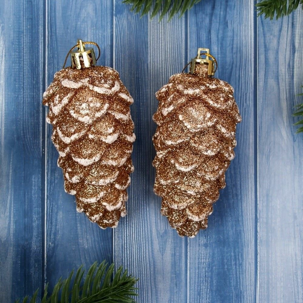 Украшение ёлочное "Шишки" (набор 2 шт) 4х10 см, золотисто-белый