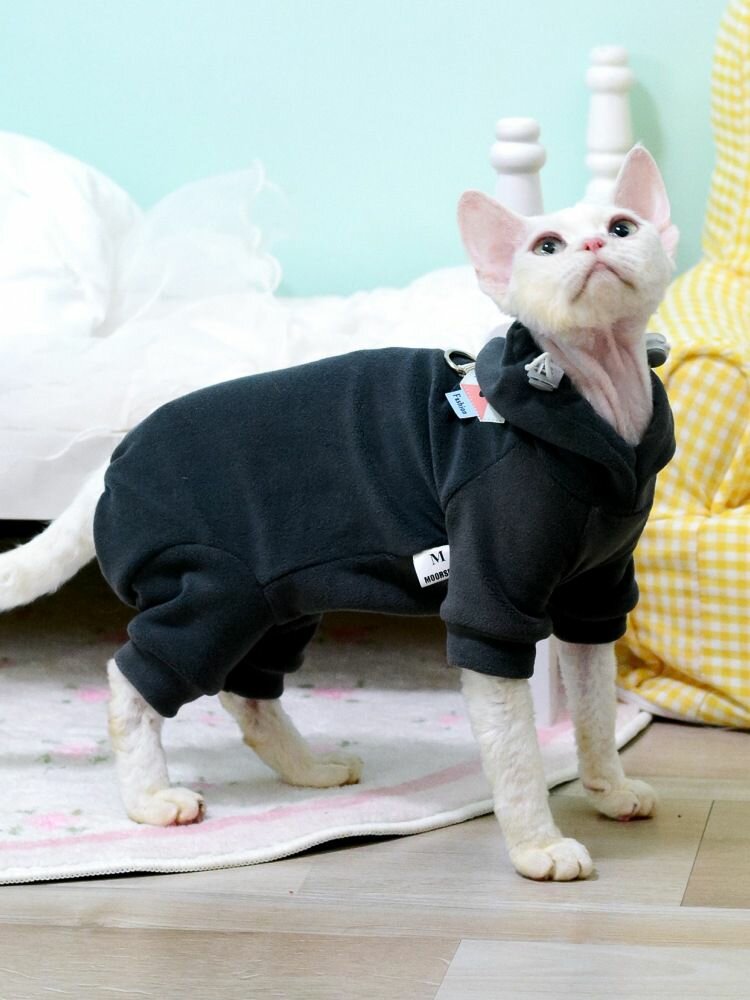 Цельная одежда для кошек на четырех лапах с капюшоном и D-образным тяговым кольцом, теплая зимняя одежда для короткошерстных и безволосых кошек породы сфинкс