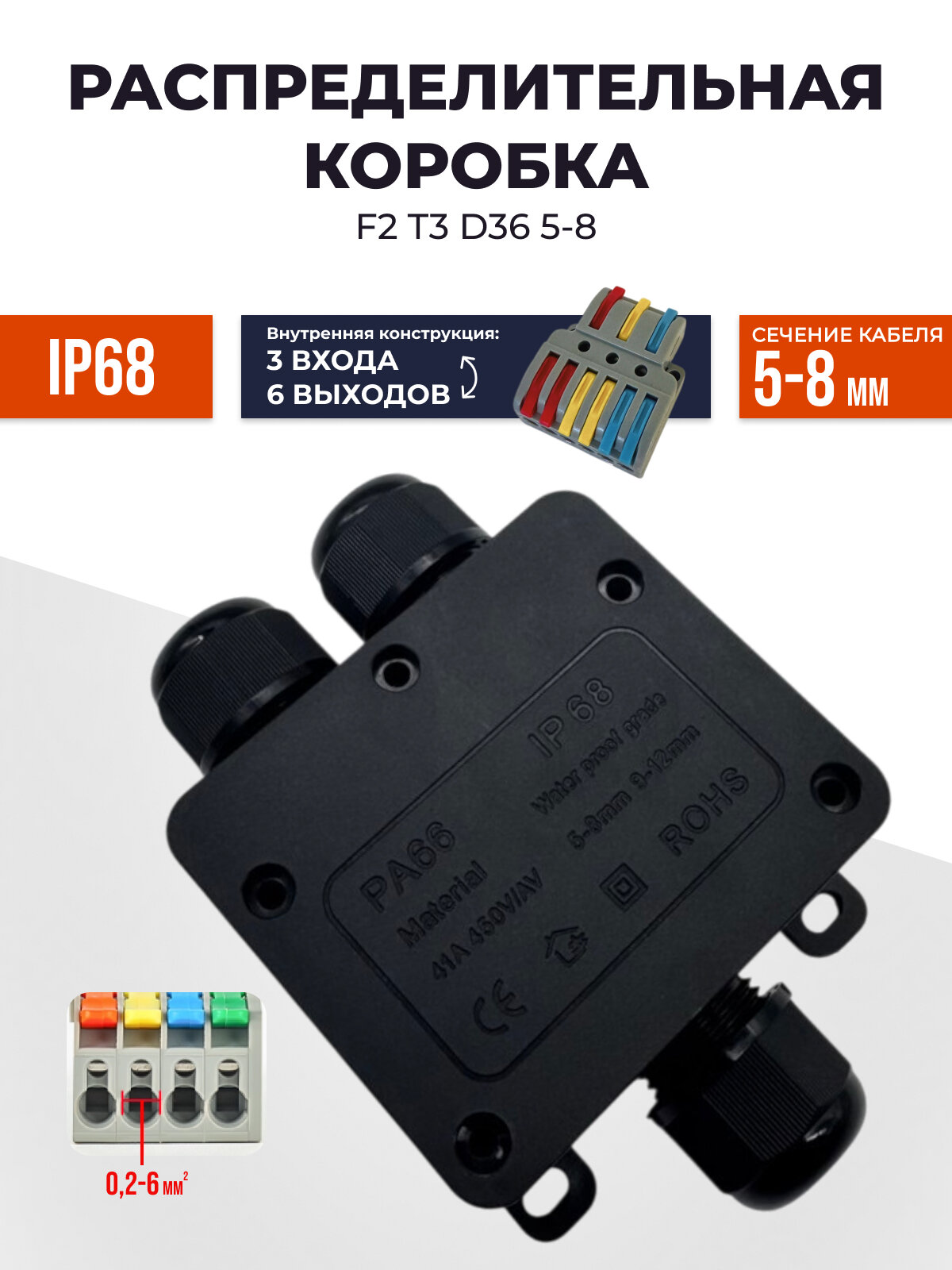 Водонепроницаемая распределительная коробка IP68 с клеммами 3-вводная 3/6 F2 3T D36 5-8 мм