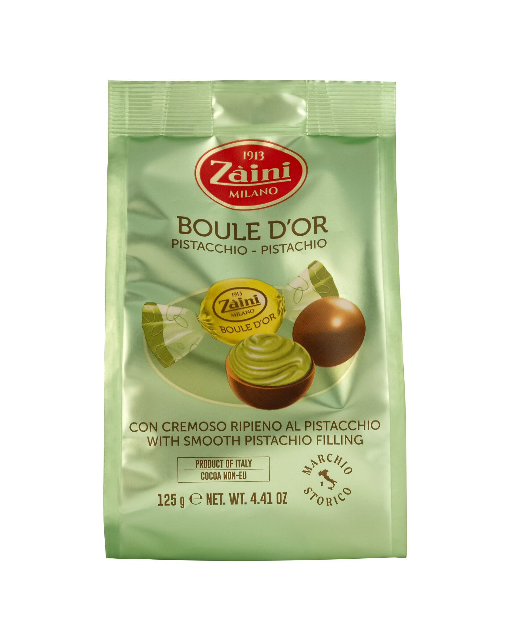 Пралине Zaini BOULE D'OR из молочного шоколада с кремовой фисташковой начинкой, 125г