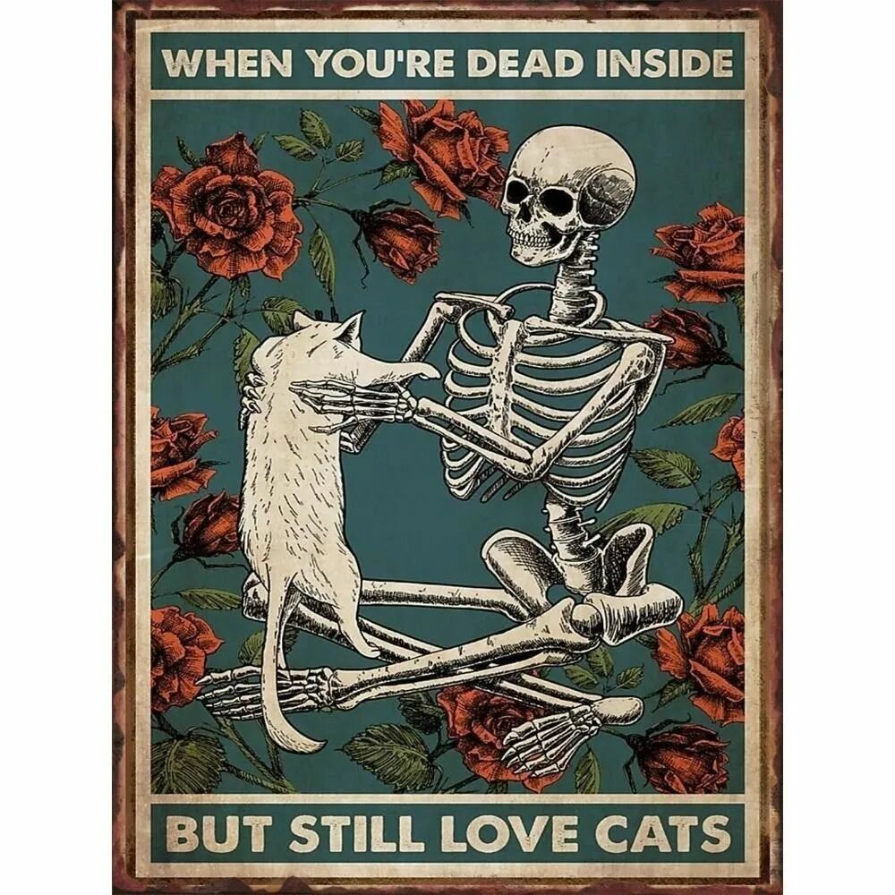 Табличка белый кот с скелетом "When You're Dead Inside But Still Love Cats", ретро стиль, металл, декор для интерьера, 20х30 см.