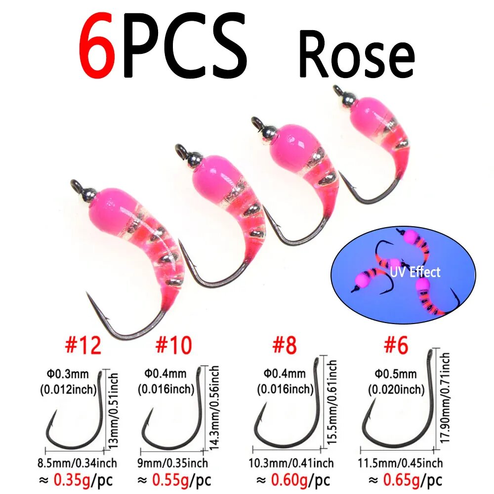 Bimoo Мушки для ловли рыбы 5шт 6шт #6 #8 #10 #12 Розовый, Size 6, 6pcs Rose