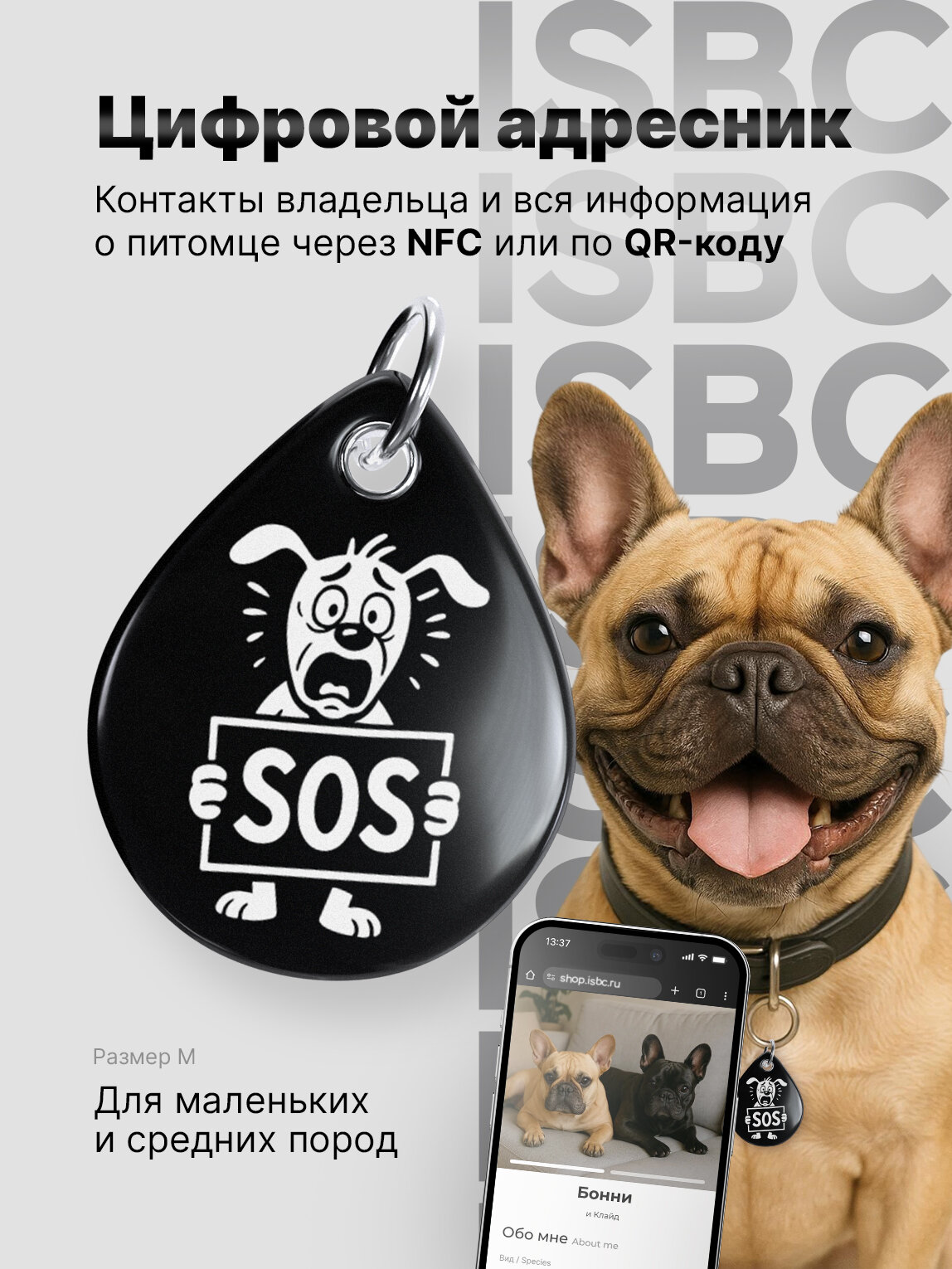 Цифровой Адресник для собак от ISBC с NFC и QR-кодом, СОС, черный