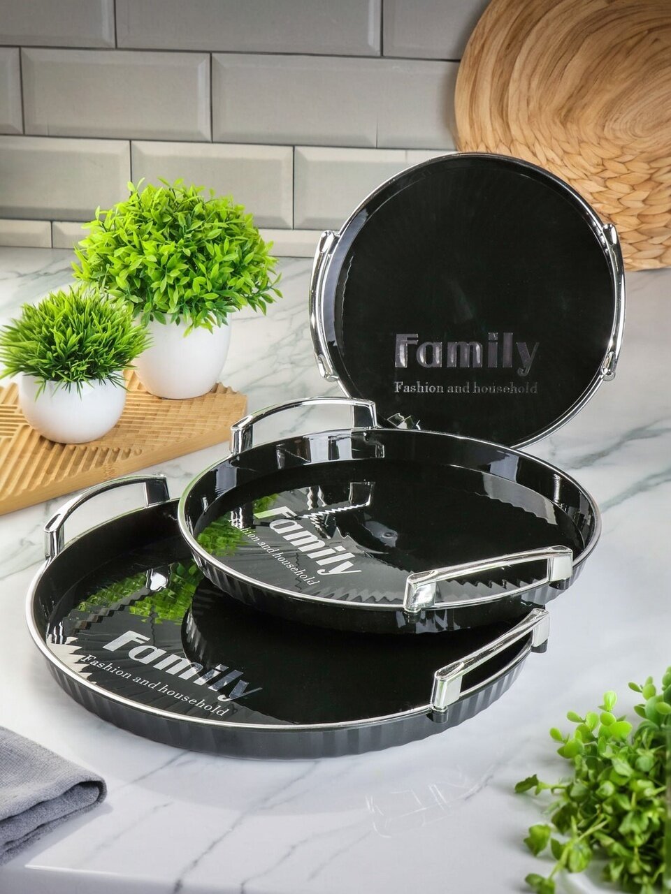 Набор круглых пластиковых подносов с рисунком, 3 штуки, черные