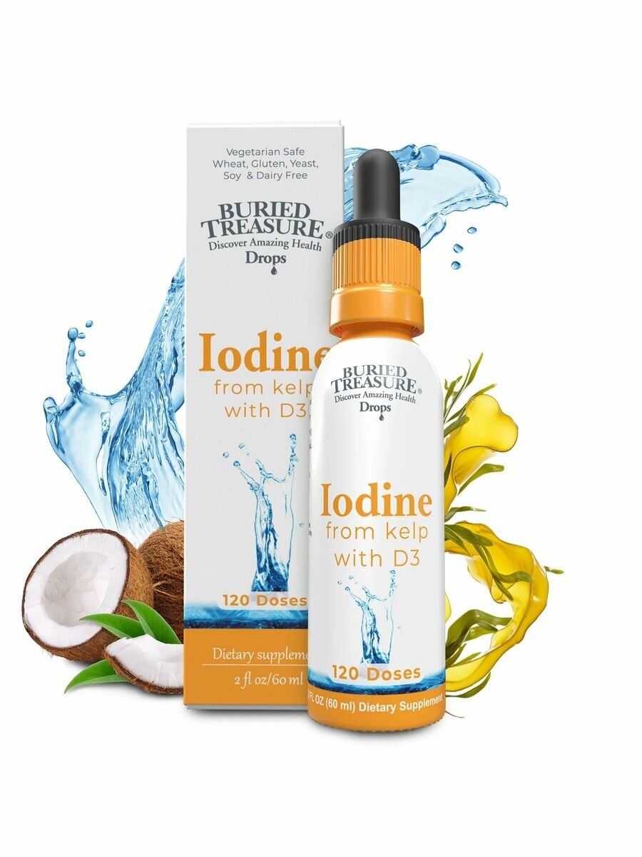 Йод витамины, витамин д, ламинария, kelp, натуральная жидкая добавка, капли, 120 порций