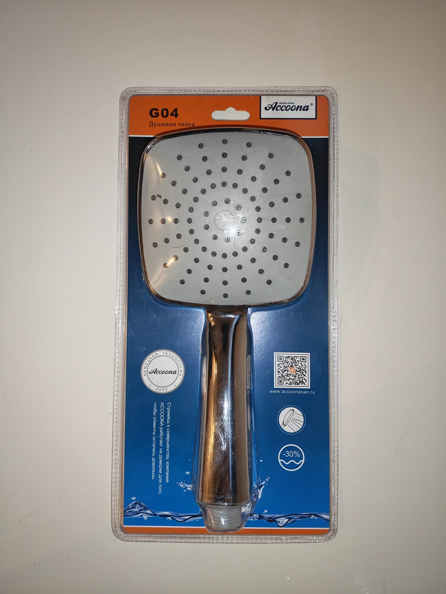 Душевая лейка G04 Accoona люкс, 1 режим, покрытие хром, квадратная форма, 1/2"