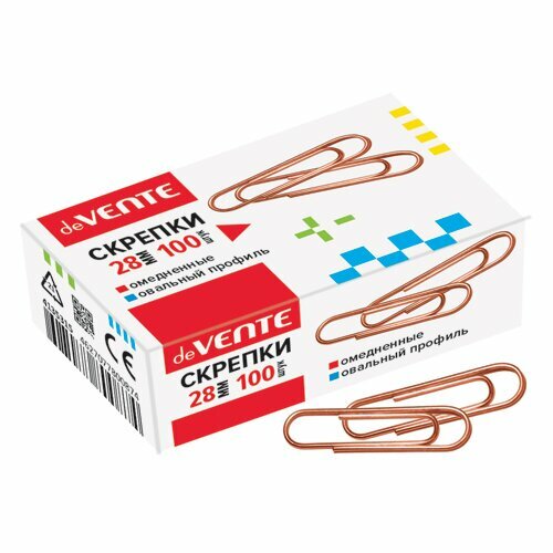 Скрепки " deVente " 28мм, омедненные, 100шт, картонная коробка, количество: 10 штук