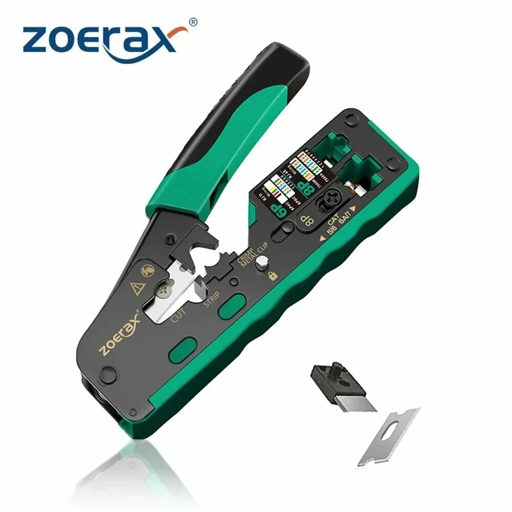 ZoeRax Обжимной инструмент RJ45 для разъемов Ethernet Cat7, Cat6a, Cat6 Cat5e, Кусачки для проводов, Щипцы для обжима Ethernet со сменным лезвием