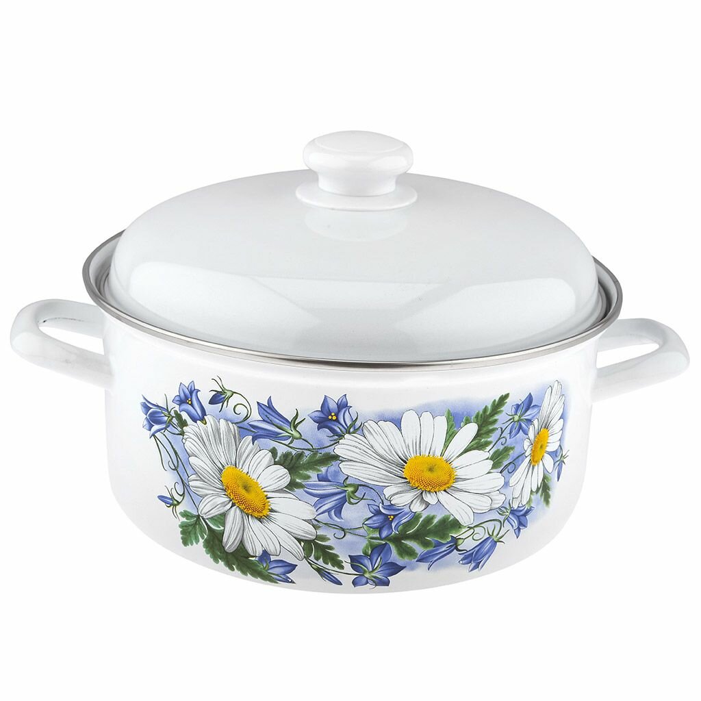 Кастрюля Лысьвенские эмали "Ромашковое поле", эмалированная, 4,5 л, форма цилиндрическая, металлическая крышка (С-1515АП2/4)