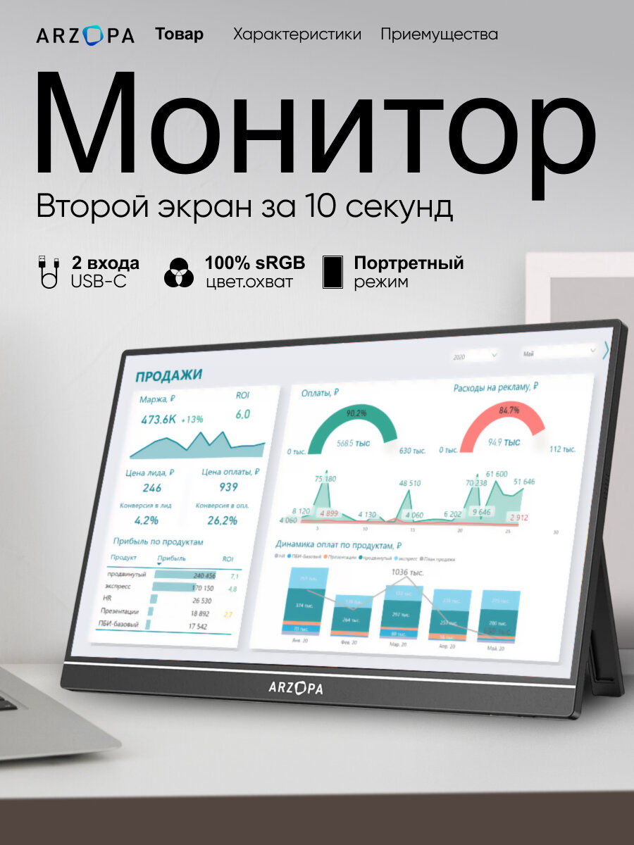 Монитор для пк ARZOPA A1, 15.6 дюймов, 60ГЦ, IPS, портативный монитор для ноутбука с динамиками