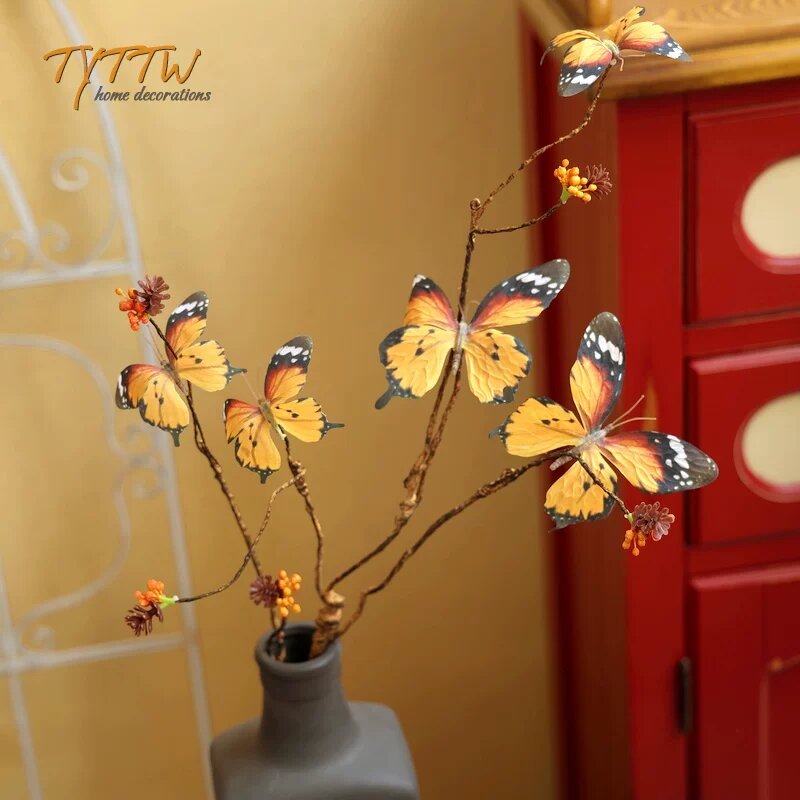Новая винтажная искусственная цветочная композиция из пяти головок в виде сухих ветвей с бабочками, для гостиной,