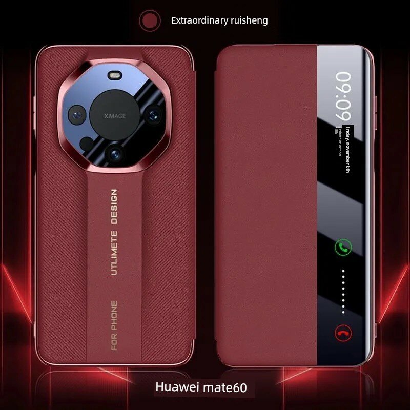 Huawei Mate 60 Магнитный Флип-Чехол с Умным Окном, Полной Зашитой Объектива, Рубиновая Красная Премиальная Кожа Унисекс
