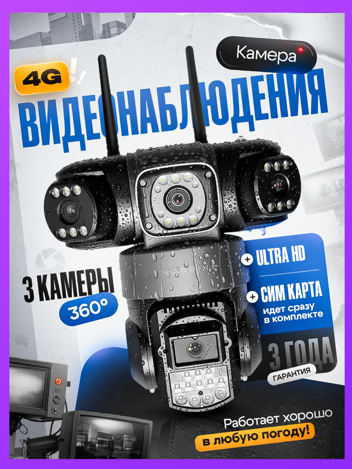 Камера видеонаблюдения для дома 4G APPIX, камера видеонаблюдения уличная с сим картой, с датчиком движения